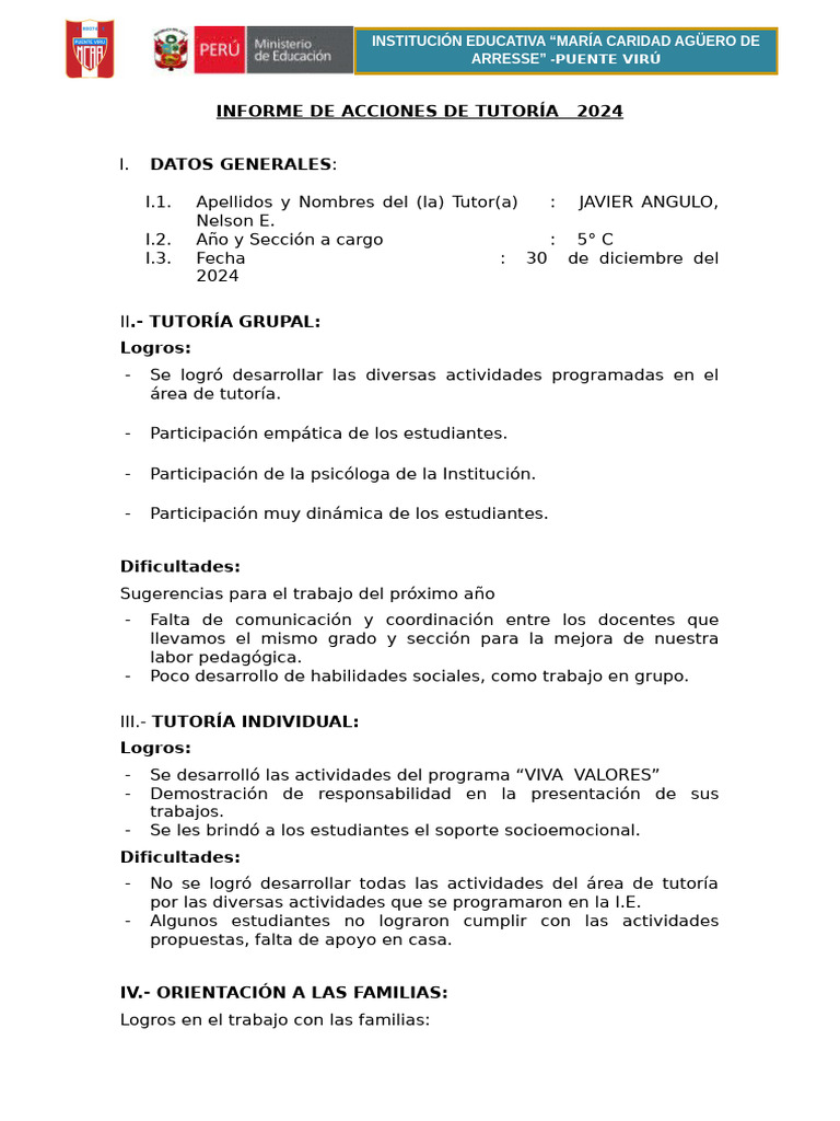 Informe de Acciones de Tutoría 2024 M.C.A.A. | PDF | Aprendizaje