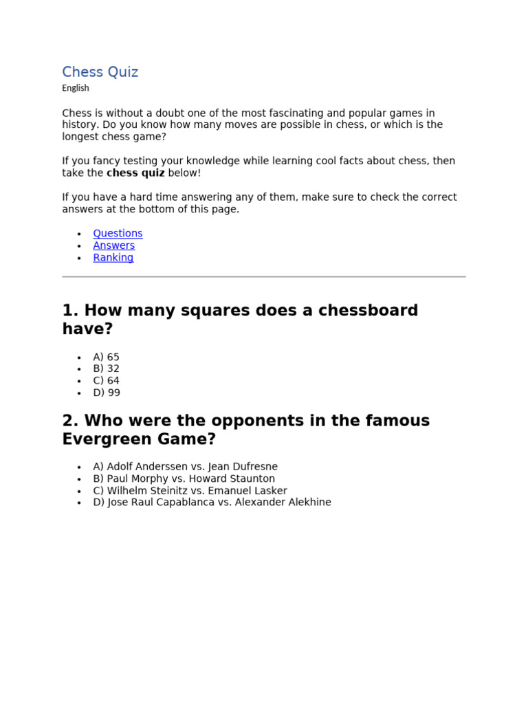 Chess Quiz | PDF | Chess | World Chess Championships