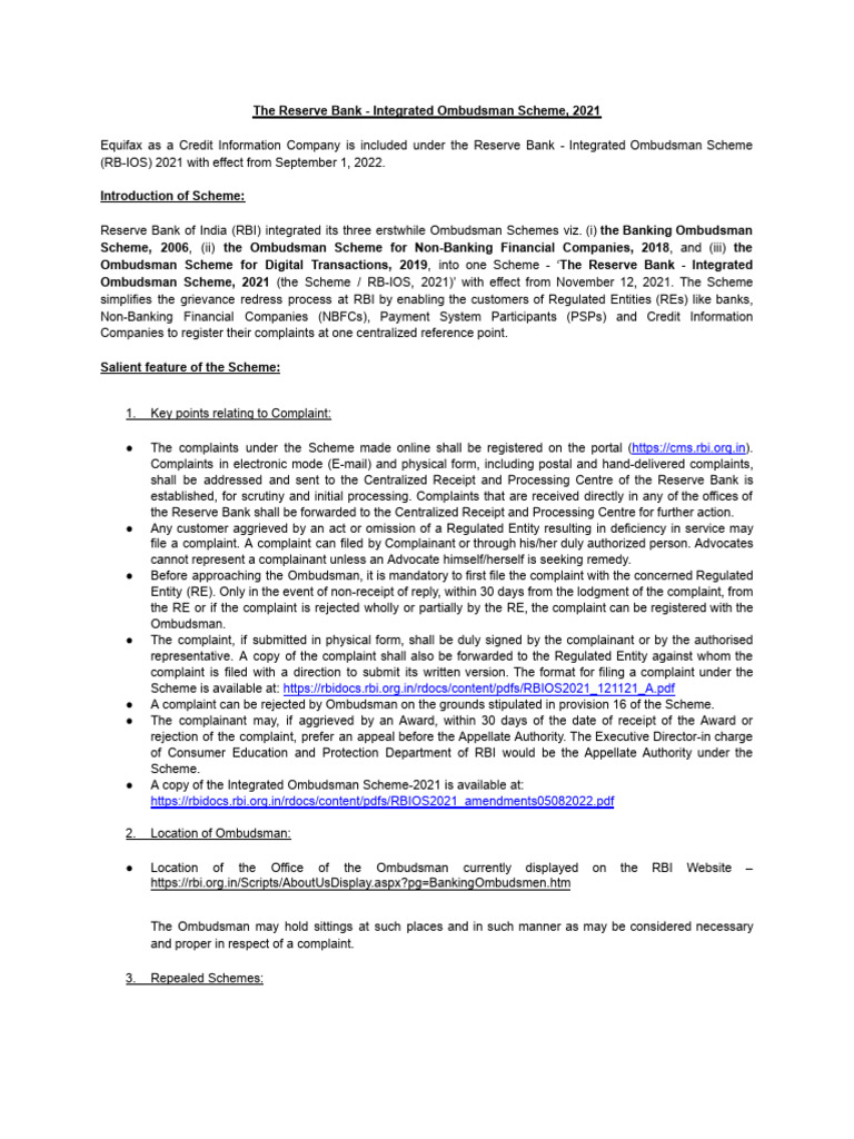 The Reserve Bank Integrated Ombudsman Scheme 2021 | PDF | Reserve Bank ...