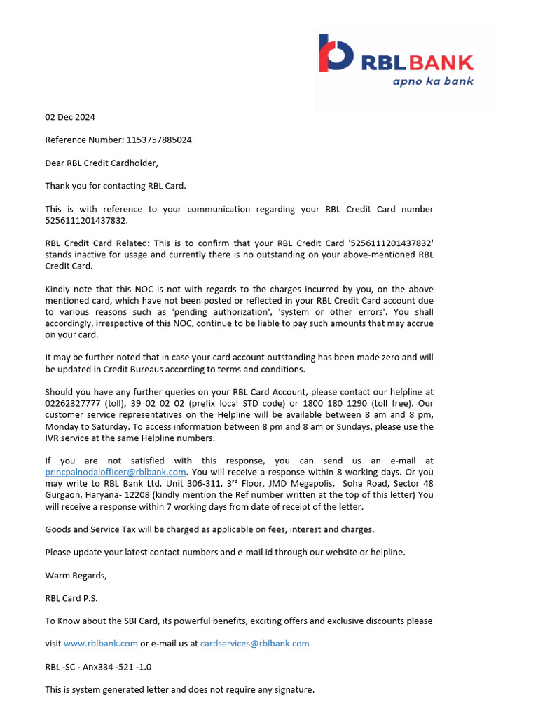 RBL Credit Card NOC Confirmation Letter | PDF