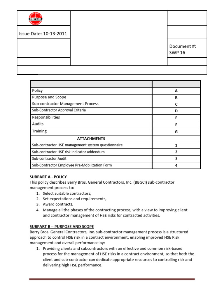 SWP-16-Sub-Contractor-Management-Plan-Autosaved | PDF | Subcontractor ...