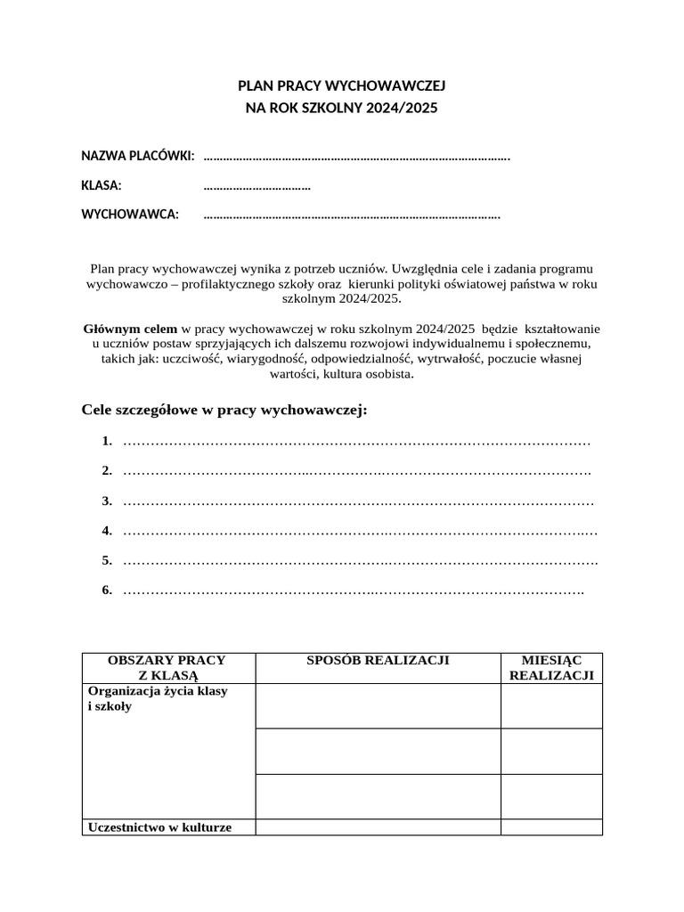 Plan pracy wychowawczej - zadanie | PDF