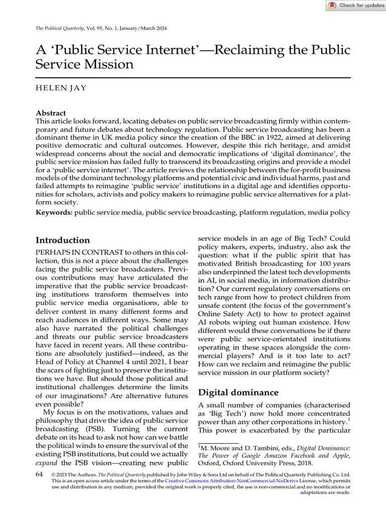 Political Quarterly - 2023 - Jay - A Public Service Internet Reclaiming ...