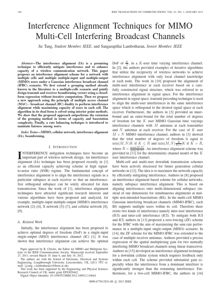 Interference Alignment Techniques For MIMO Multi-Cell Interfering Broadcast Channels | PDF ...