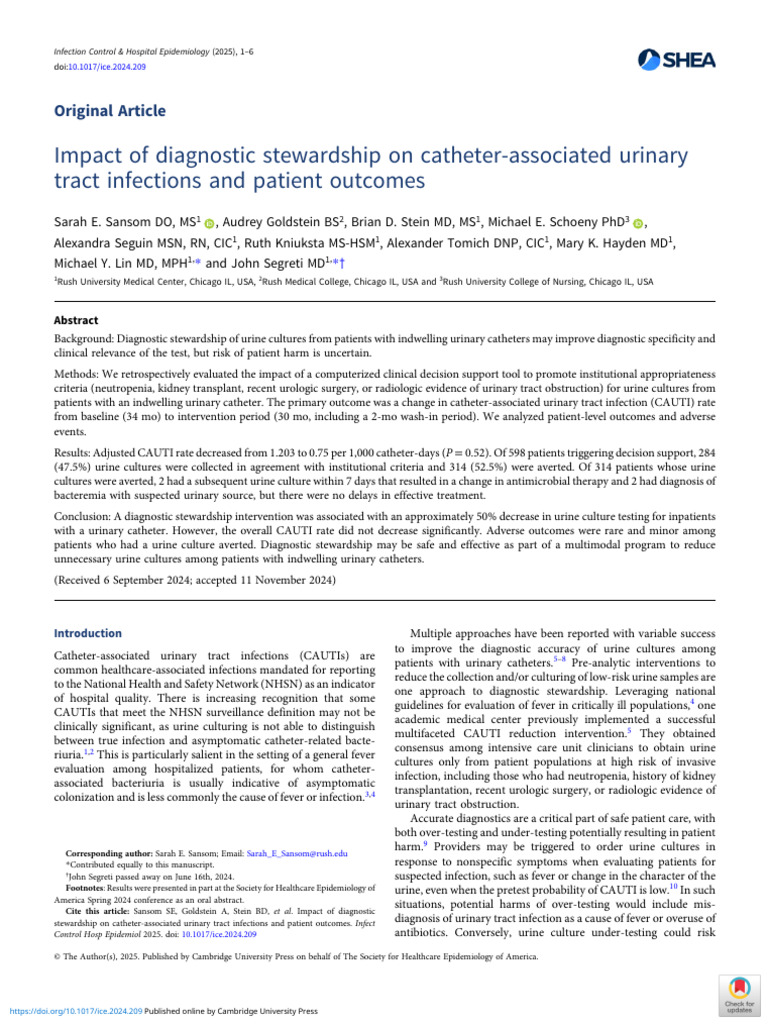 Impact of Diagnostic Stewardship On Catheter Associated Urinary Tract ...