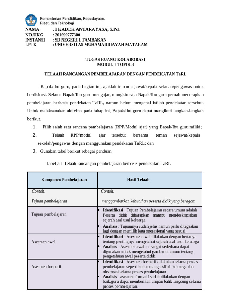 3. RUANG KOLABORASI_Telaah Rancangan Pembelajaran TaRL | PDF