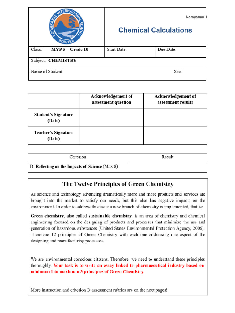 Criterion D Green Chemistry | PDF | Science | Water
