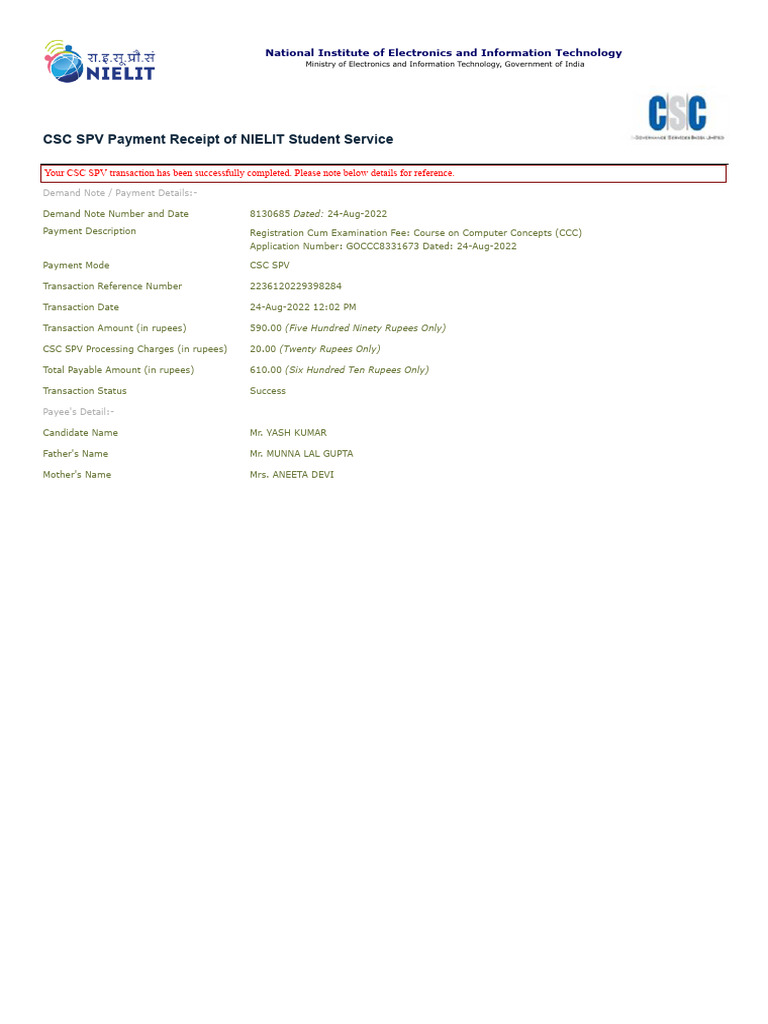 NIELIT CCC Course Payment Receipt | PDF