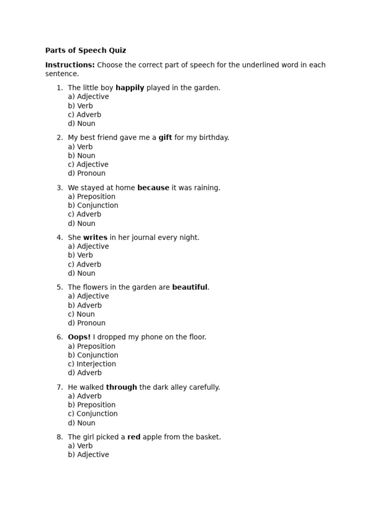 Parts of Speech Quiz Exercise | PDF