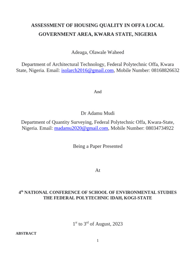 Offa Housing Quality Analysis | PDF | Wall | Sampling (Statistics)