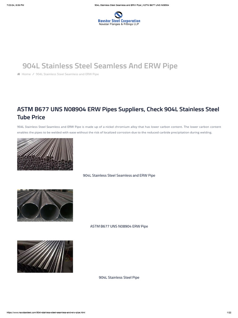 904L Stainless Steel Seamless and ERW Pipe - ASTM B677 UNS N08904 904L | PDF | Pipe (Fluid ...