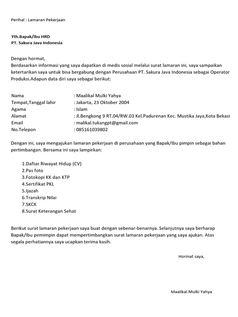 Lamaran_Pt.Sakura Java Indonesia | PDF