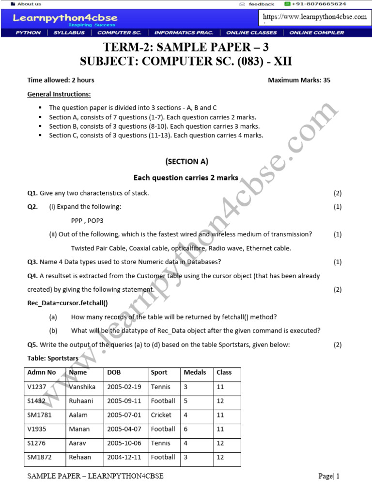 TERM - 2 - XII - Computer SC | PDF | Sql | Databases