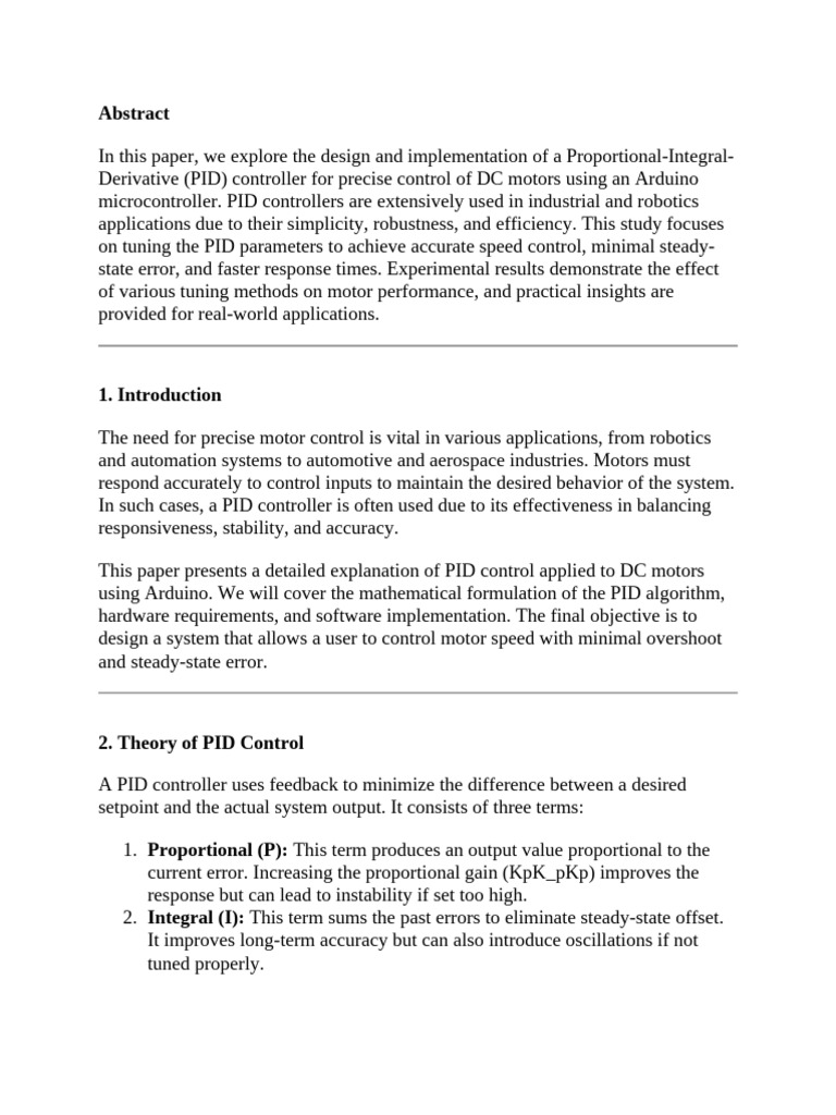 Pid Controller Design And Tuning For Motor Control Using Arduino Pdf Control Theory