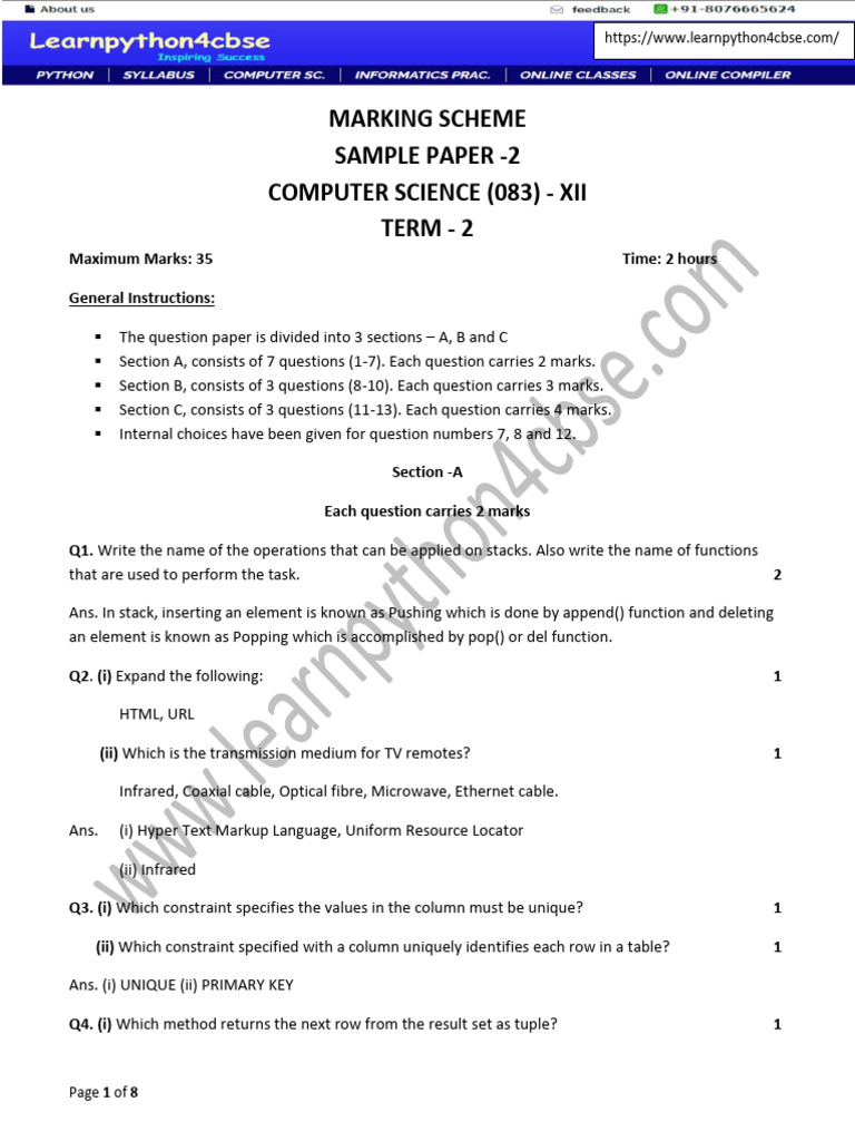 TERM - 2 - XII - Computer SC - ANS | PDF | Databases