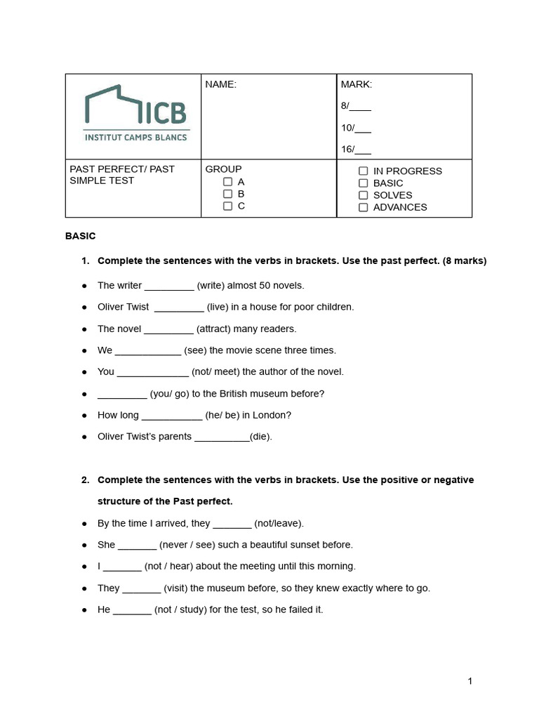 Multilevel - Past Perfect Test | PDF