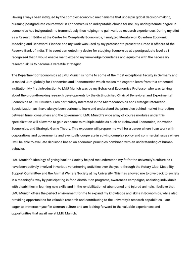 Motivation Letter LMU Munich | PDF | Economics | Behavioral Economics