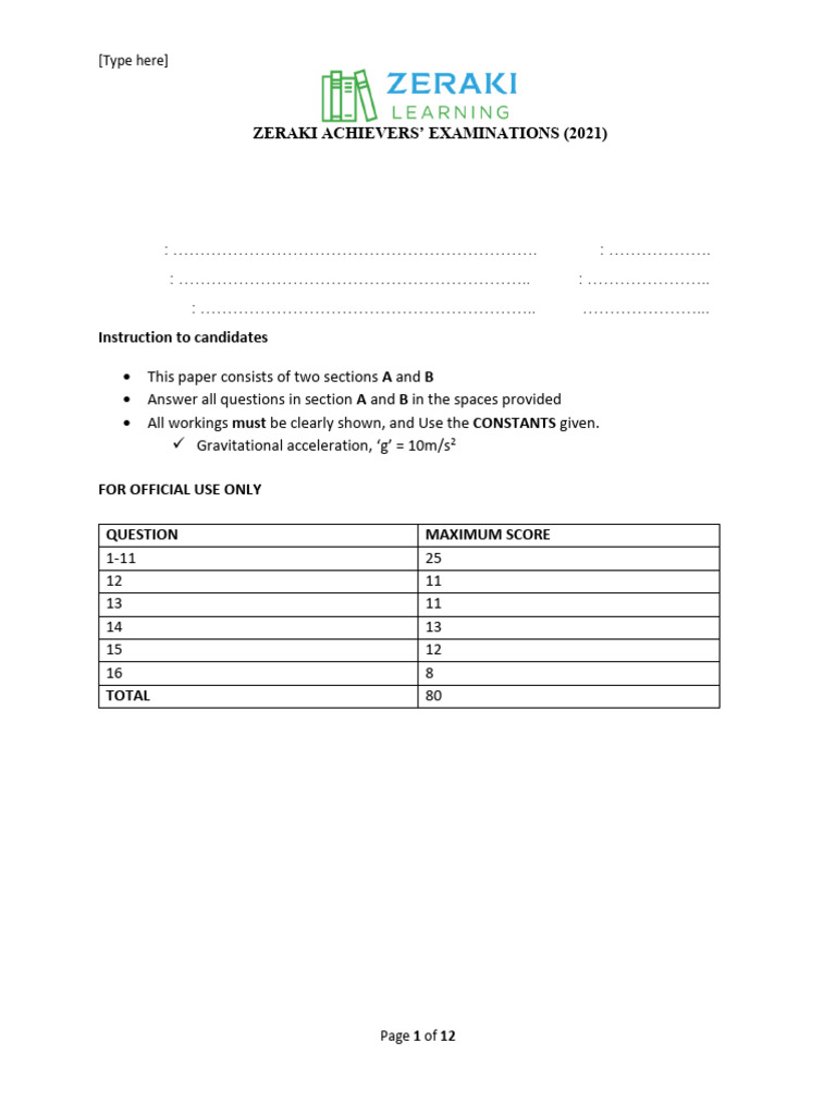 Physics - Physics Form 2 - Zeraki Achievers 3.0 - Marking Scheme | PDF ...