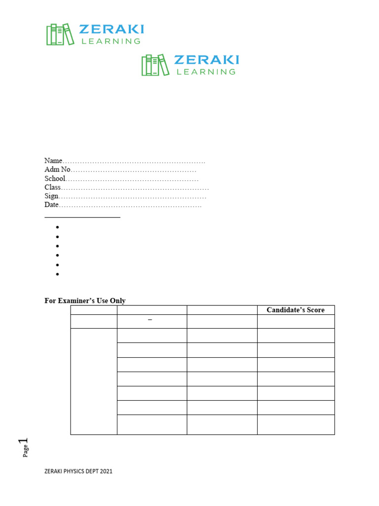 Zeraki Physics Term 2 Exam Paper 2021 | PDF | Pressure | Applied And ...