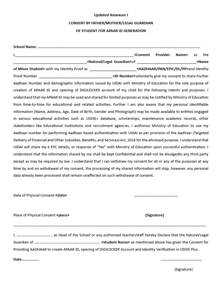 Apaar Idconsent by Parents Updated Annexure I | PDF | Access Control | Privacy