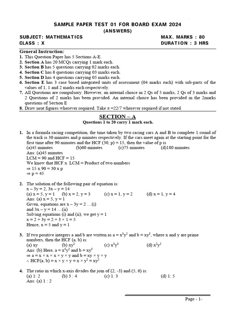Maths Class X Sample Paper Test 01 For Board Exam 2024 Answers | PDF ...