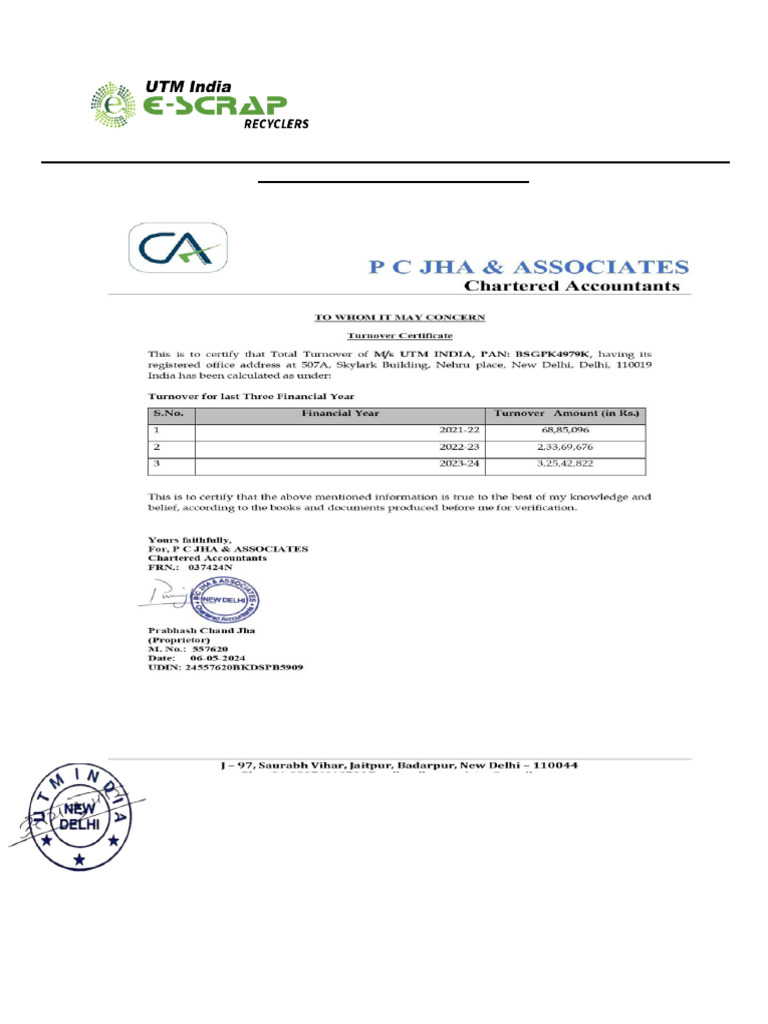 OEM Turnover Certificate from UTM India | PDF