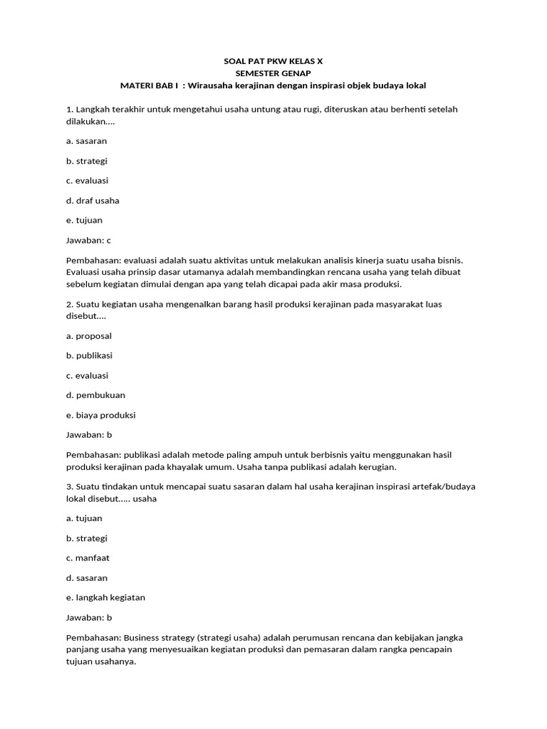 SOAL PAT PKW. Genap KELAS X | PDF