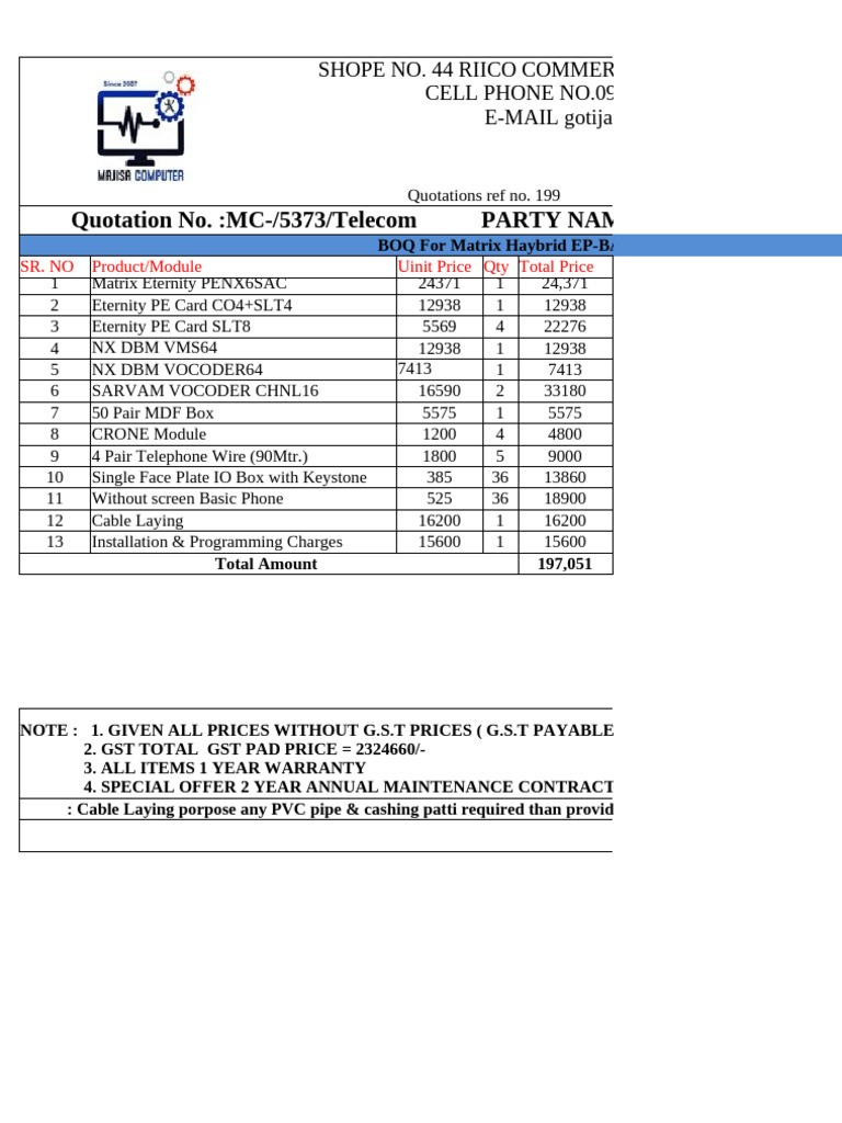 SP OFFICE BALOTRA MC-5373 - MS Majesa Computer - Quotation For Matrix ...