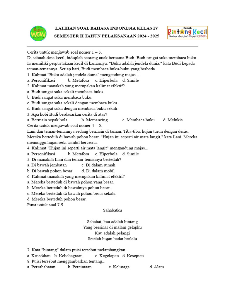 Soal Bindo Kelas 4 - Bab 6 | PDF