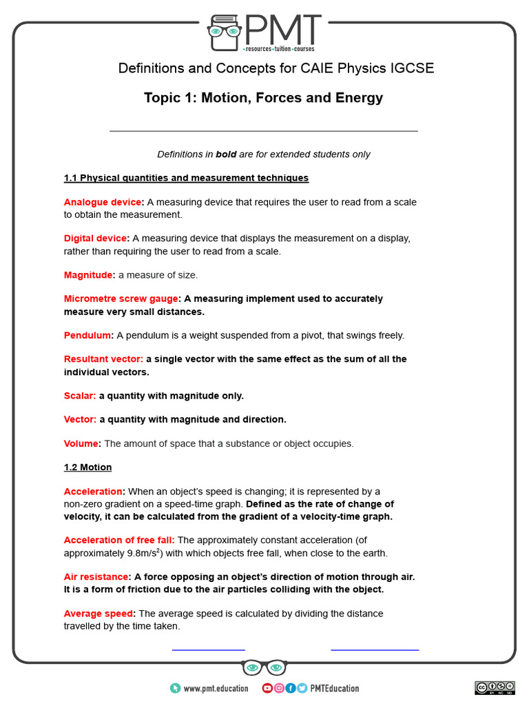 Definitions - Topic 1 Motion, Forces and Energy - CAIE Physics IGCSE | PDF | Force | Mass
