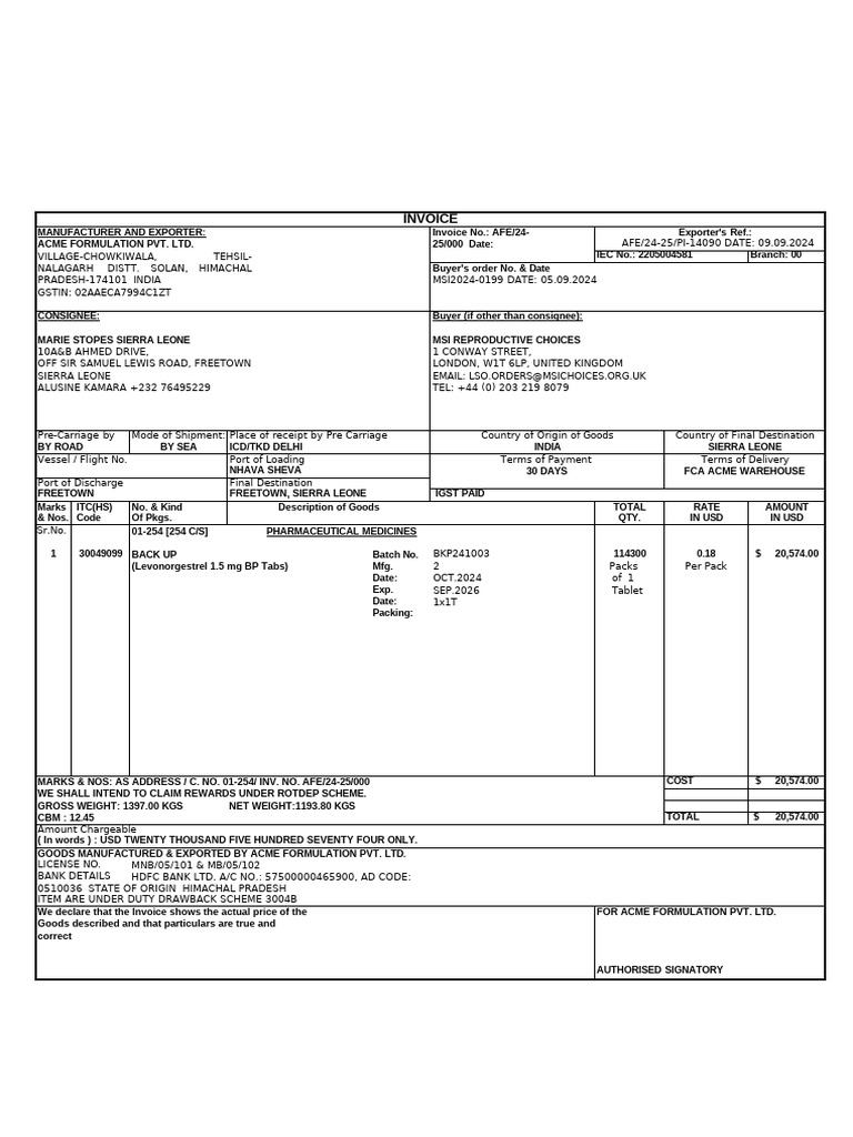 Commercial Invoice For Mariestopes | PDF | Business Documents