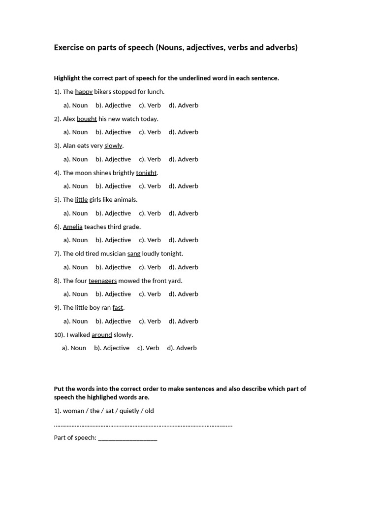 Parts of Speech Exercise Worksheet | PDF
