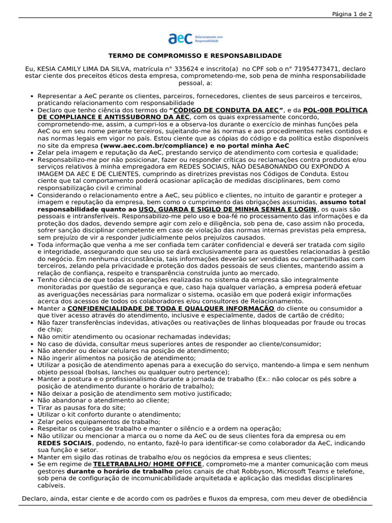 Termo de Compromisso e Responsabilidade | PDF | Conformidade regulatória
