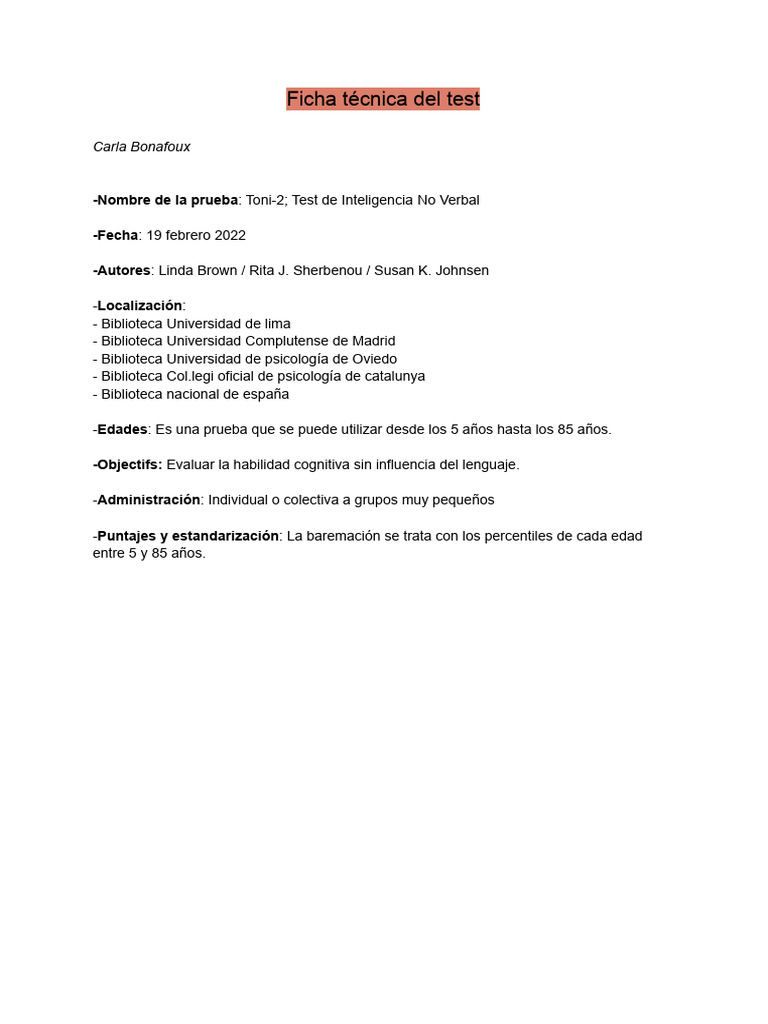 Test de Inteligencia No Verbal Toni-2 | PDF