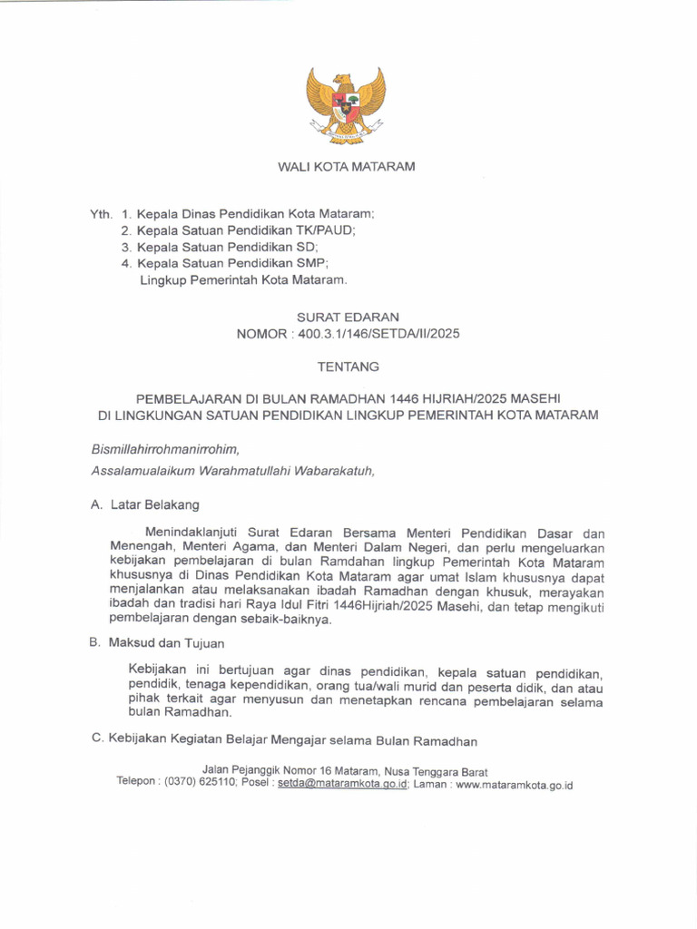 Surat Edaran Pembelajaran Di Bulan Ramadhan 1446H-2025M Di Lingkungan Satuan Pendidikan Lingkup ...