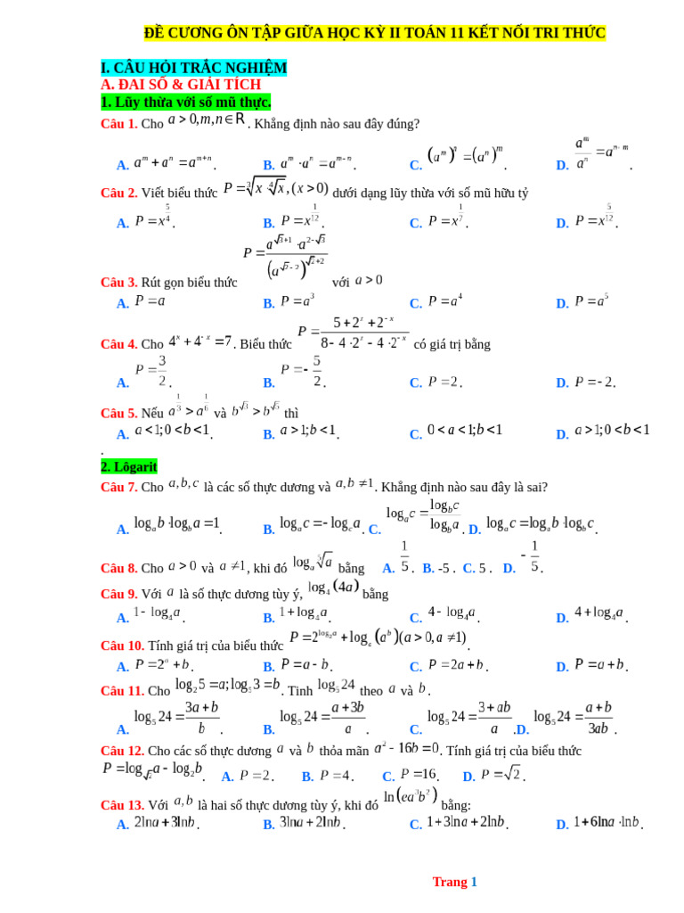 De Cuong On Tap Giua HK2 Toan 11 | PDF