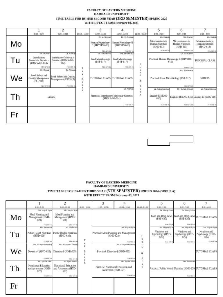 Time Table Spring 2025 BS-HND 3,5,7 Semesters (21-Jan-2025) - 2 | PDF ...