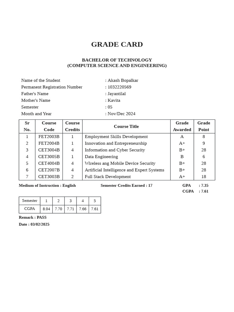 Btech Cse Sem 5 Sem Grade Card 1 1738566462135 STD | PDF