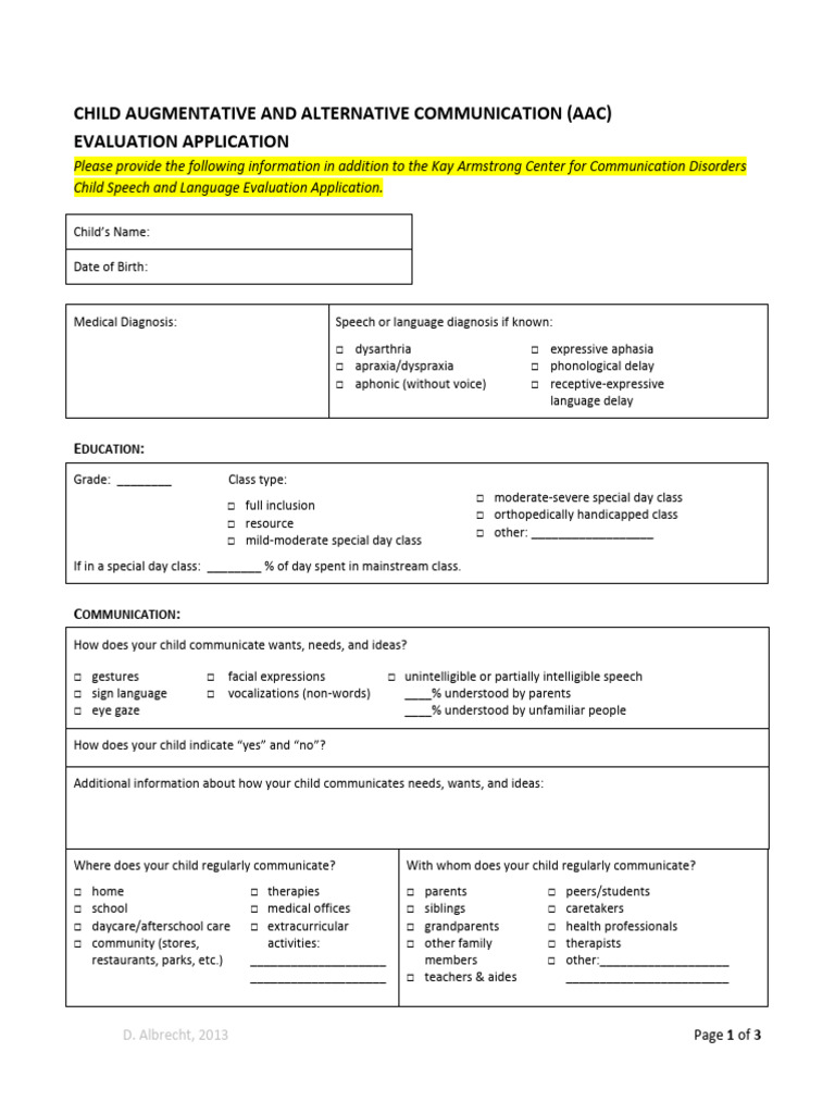 Child AAC Evaluation Application Form | PDF | Human Communication ...