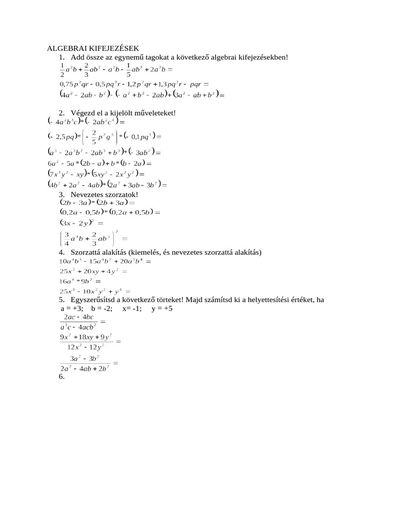 ALGEBRAI KIFEJEZÉSEK | PDF