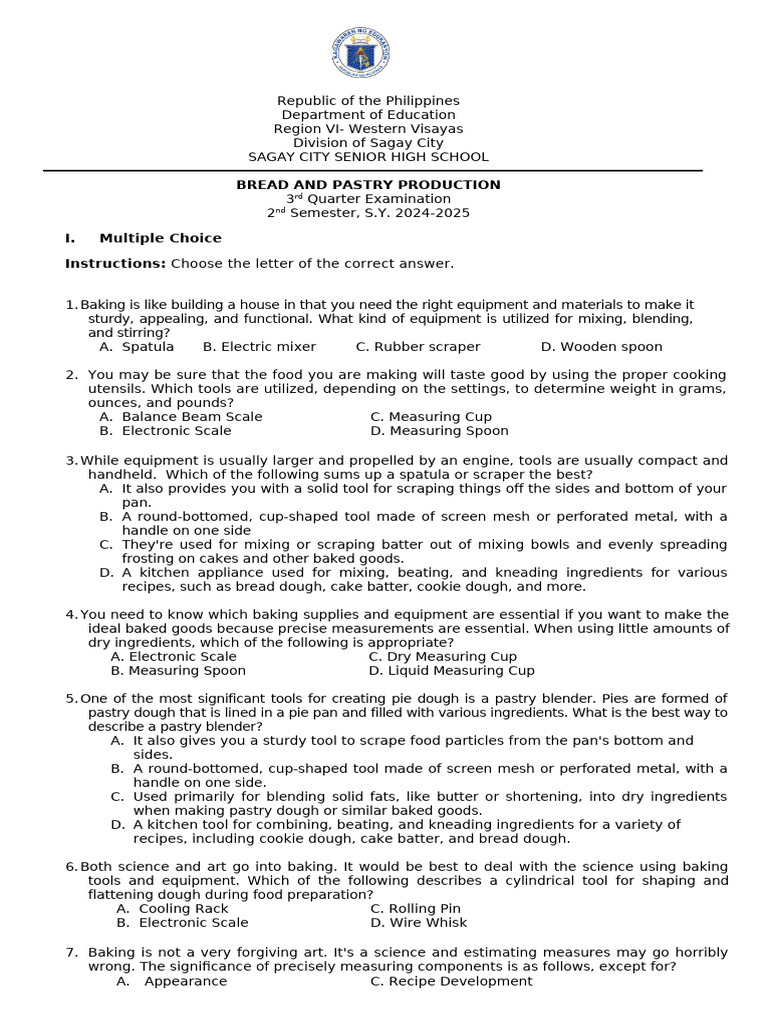 BPP 3rd Quarter Exam | PDF | Dough | Breads