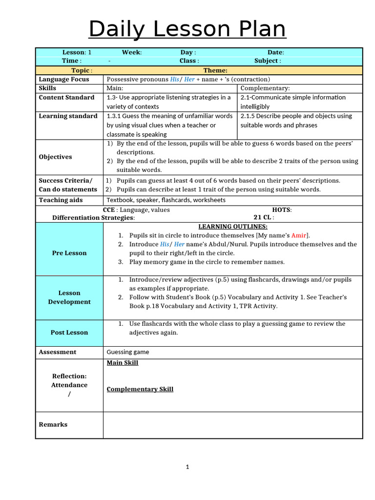 YEAR 3 DAILY LESSON PLAN - Sample L - S - R - W | PDF | Lesson Plan | Learning