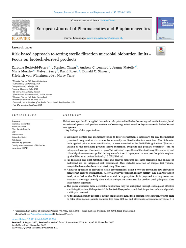 Risk-based approach to setting sterile filtration microbial bioburden limits – Focus on biotech ...