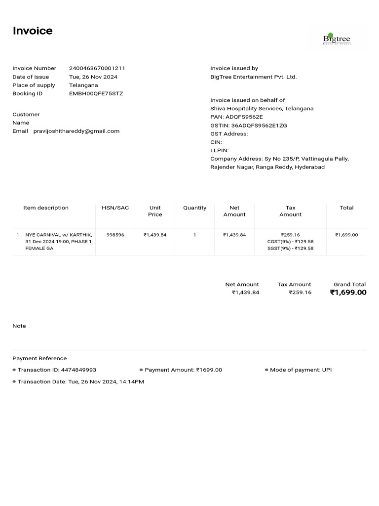 Invoice for NYE Carnival Ticket | PDF