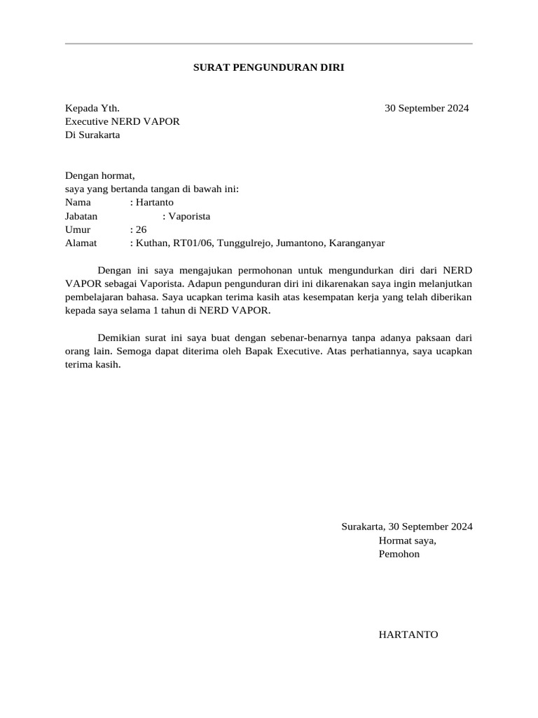 Surat Resign Simple Atau Sederhana | PDF