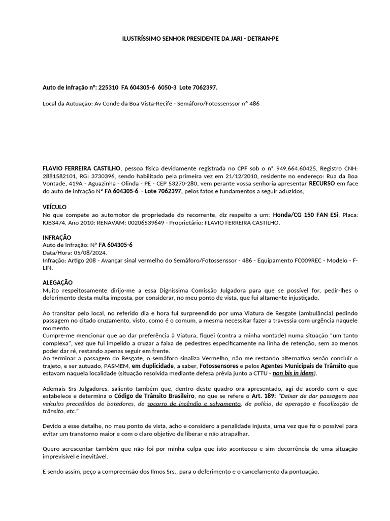 Recurso Art 281 - Avanço Sinal Vermelho | PDF | Semáforo | Tráfego