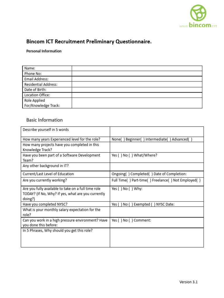 Bincom Preliminary Interview Questionnaire v3.1 | PDF