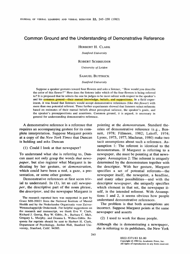 1983 Common Ground and The Understanding of Demonstrative Reference ...