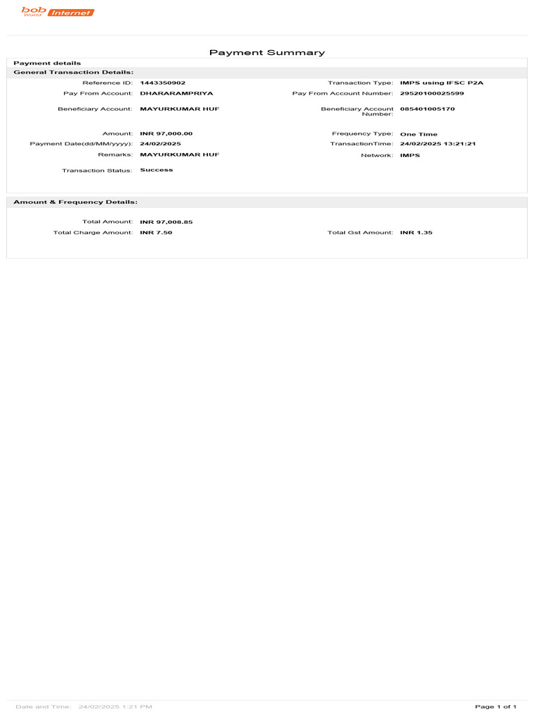 Payment Summary: 1443350902 Imps Using Ifsc P2A Dhararampriya ...