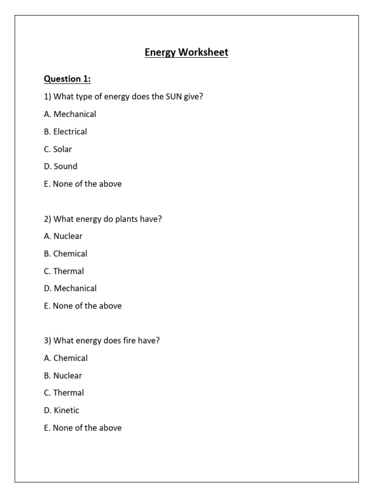 Energy Types and Transfers Worksheet | PDF | Potential Energy | Kinetic ...